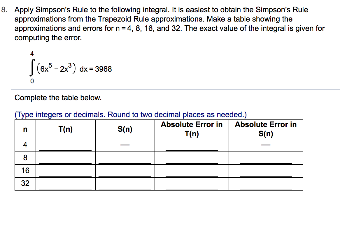 Solved 8. Apply Simpson's Rule to the following integral. It | Chegg.com