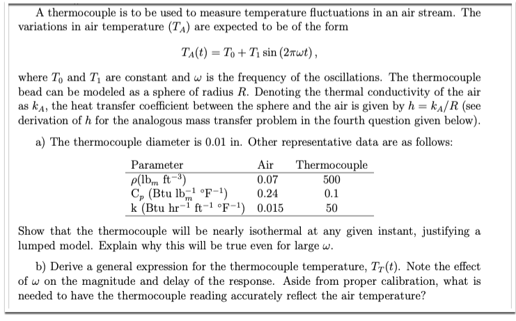 Solved A thermocouple is to be used to measure temperature | Chegg.com