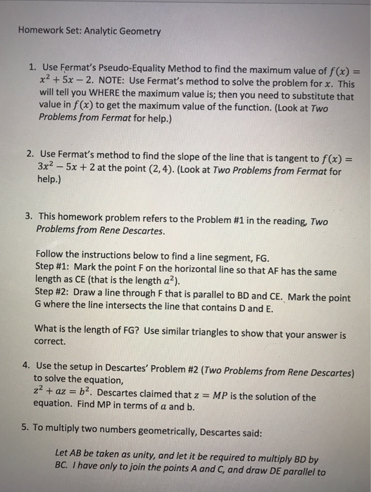 Solved Homework Set: Analytic Geometry 1. Use Fermat's | Chegg.com