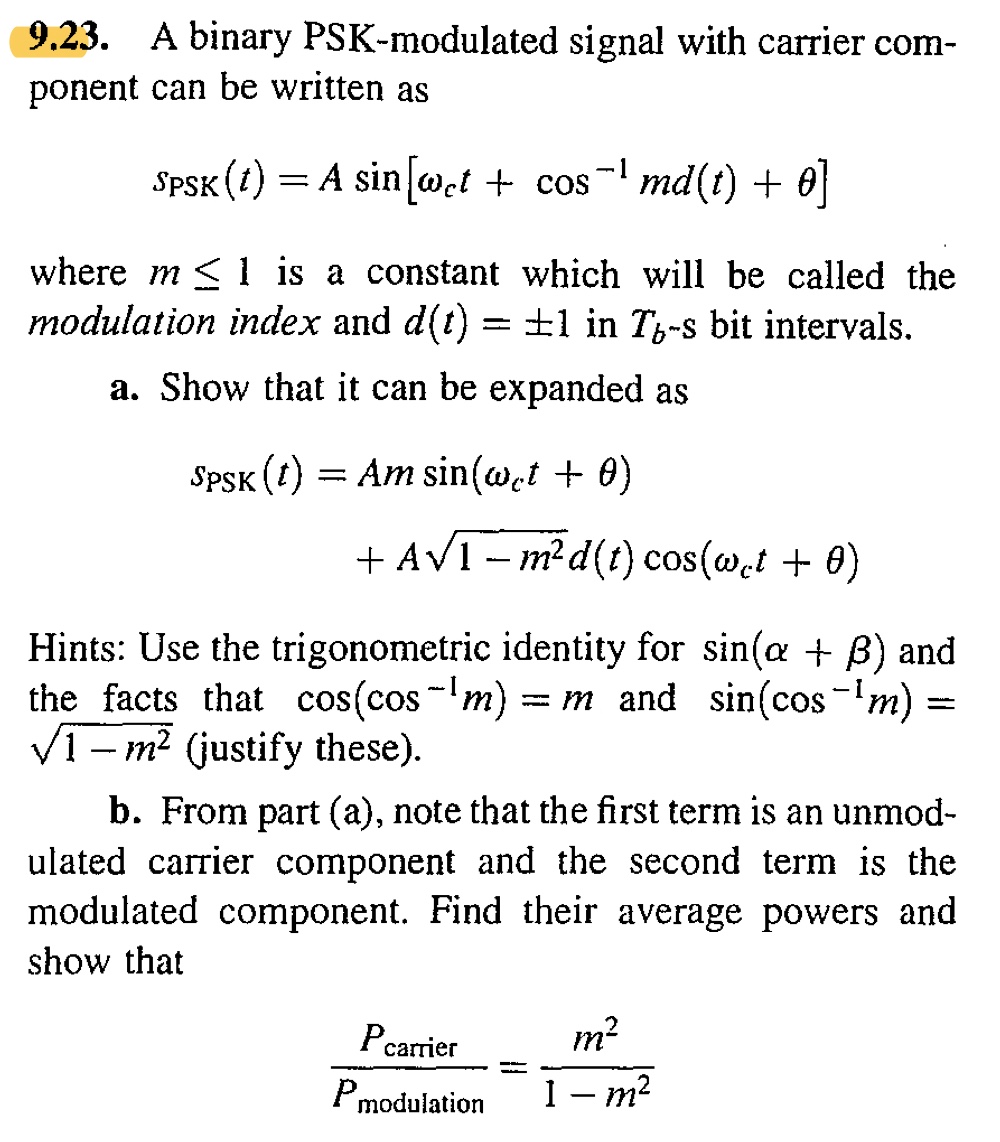 Solved 9 23 a Binary Psk Modulated Signal With Carrier