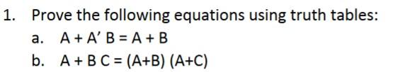 Solved Prove the following equations using truth tables: a. | Chegg.com