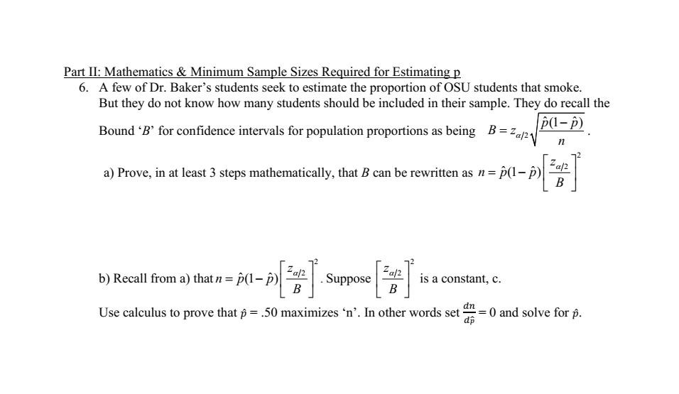 Solved Part Ii Mathematics And Minimum Sample Sizes Required