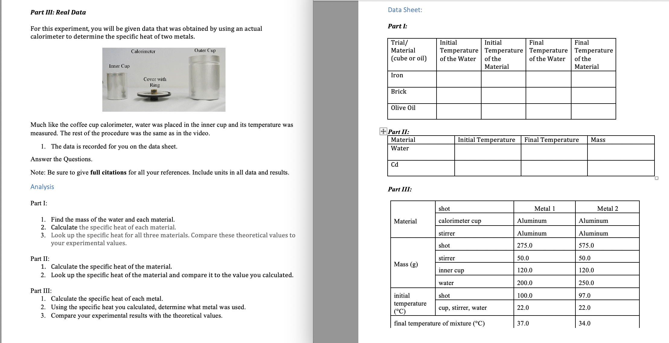 Solved Data Sheet:Part I:Part II:Part III: | Chegg.com
