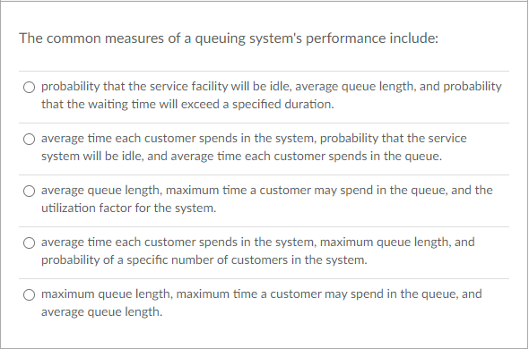 Solved The common measures of a queuing system's performance | Chegg.com