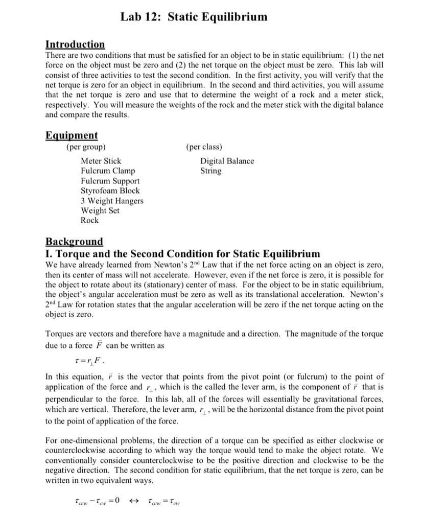 Solved Lab 12: Static Equilibrium Introduction There are two | Chegg.com