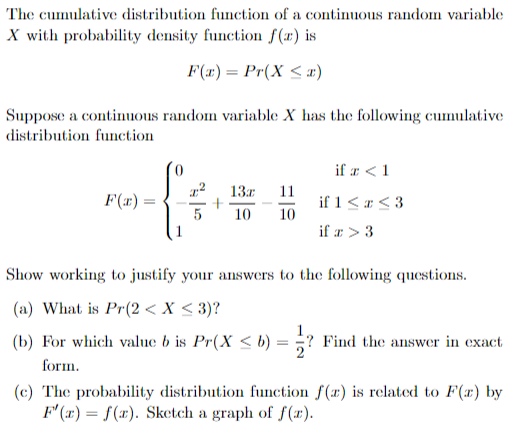 Solved The cumulative distribution function of a continuous | Chegg.com