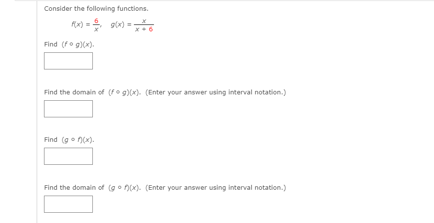 Solved Consider the following functions. f(x) = 6 g(x) = **6 | Chegg.com