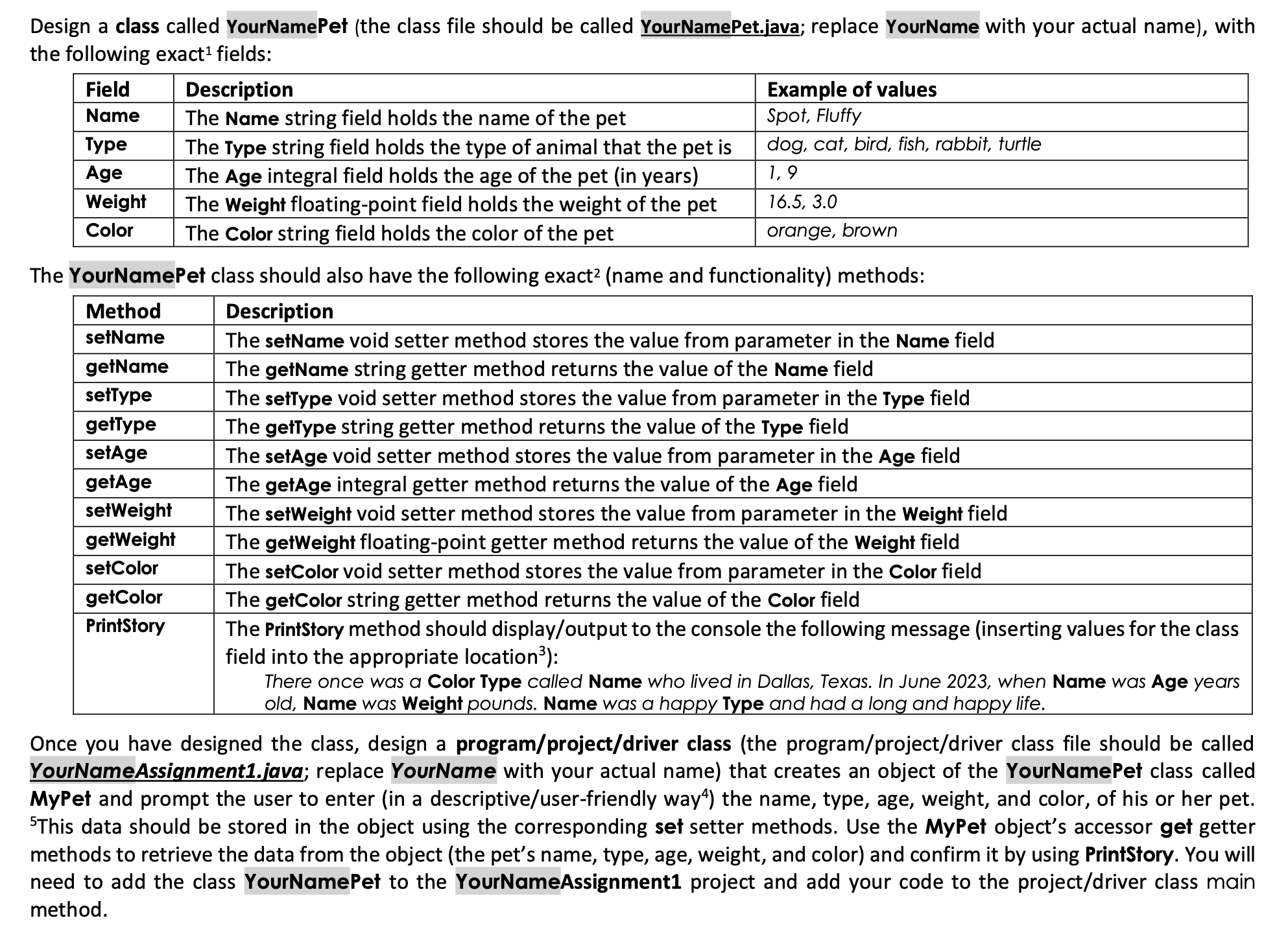 Solved Design a class called YourNamePet (the class file | Chegg.com