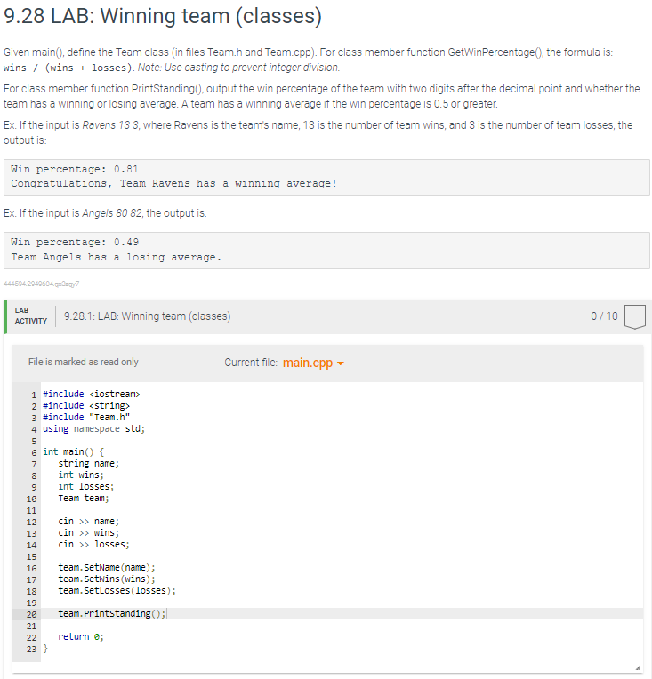 Solved Given main(), define the Team class (in files Team.h | Chegg.com