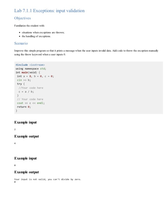 Solved Lab 7.1.1 Exceptions: input validation Objectives | Chegg.com