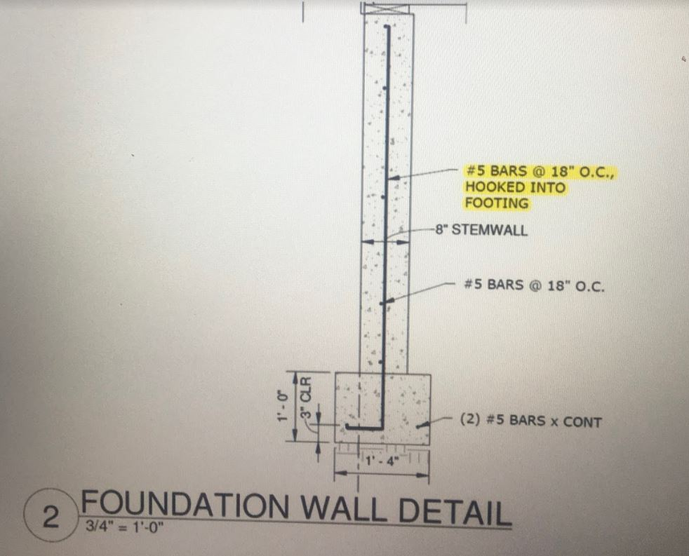 Solved #5 BARS @ 18" O.C., HOOKED INTO FOOTING -8" STEMWALL | Chegg.com