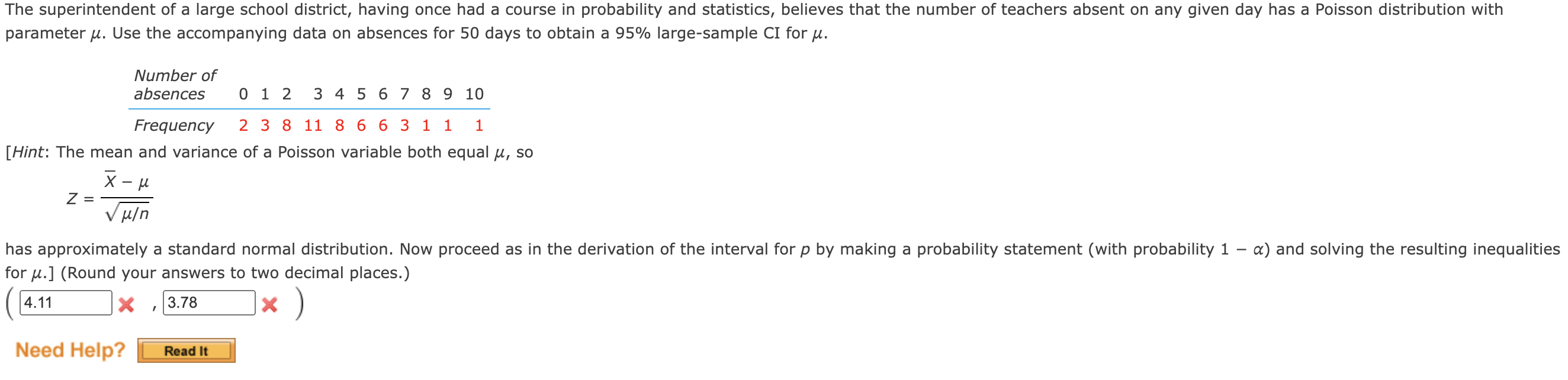 Solved parameter μ. Use the accompanying data on absences | Chegg.com
