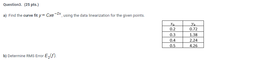 Solved Questions. (25 pts.) a) Find the curve fit y= Cxe-Dx, | Chegg.com