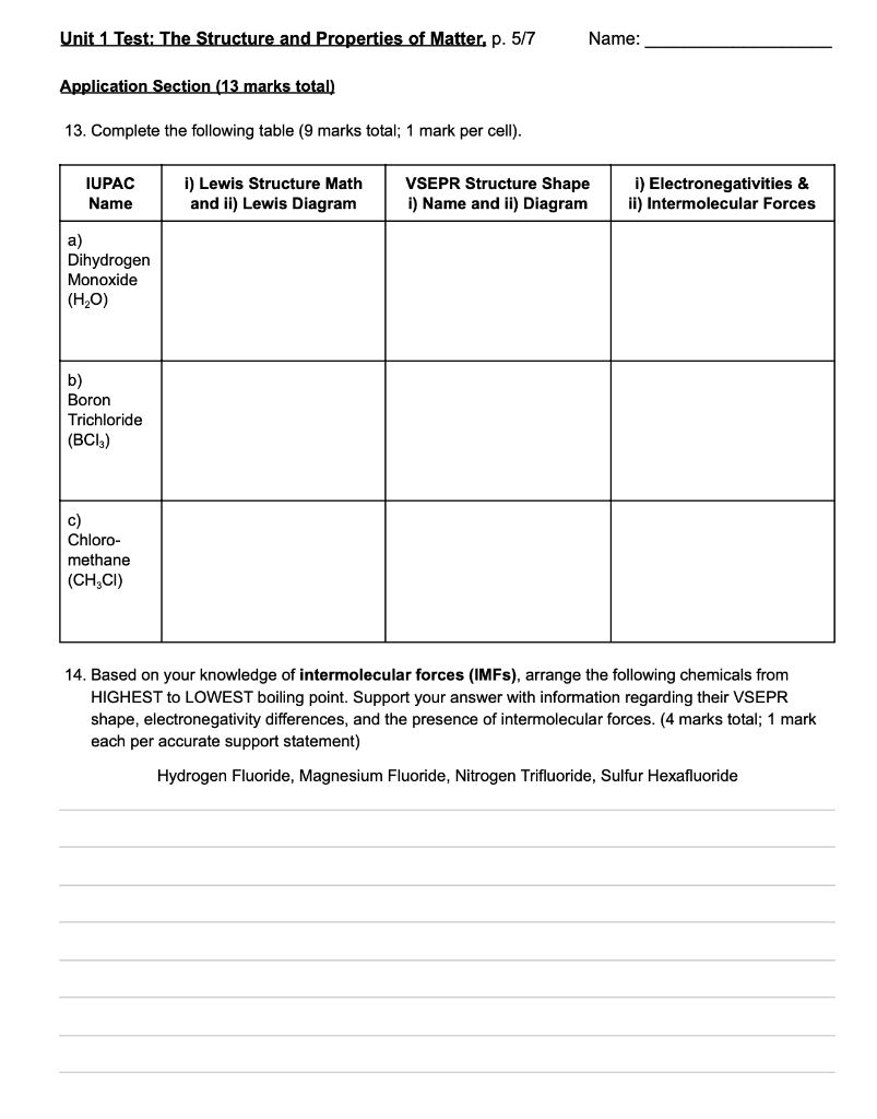 Solved Unit 1 Test: The Structure and Properties of Matter, | Chegg.com