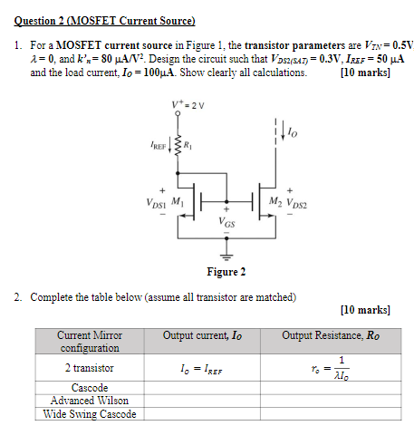 Solved Question 2 (MOSFET Current Source) 1. For a MOSFET | Chegg.com