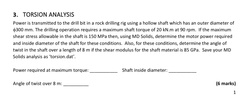 Solved 3. TORSION ANALYSIS Power is transmitted to the drill | Chegg.com