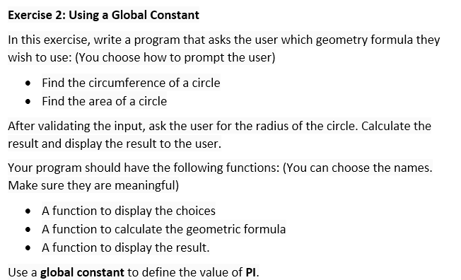 Solved Exercise 2: Using a Global Constant In this exercise, | Chegg.com