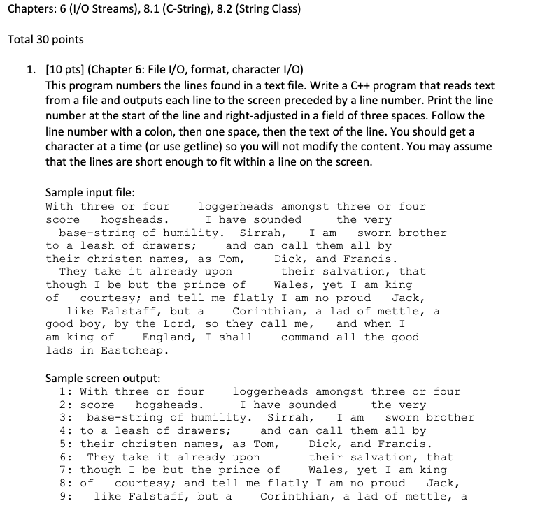 Solved 30 points 1. [10 pts] (Chapter 6: File I/O, format, | Chegg.com