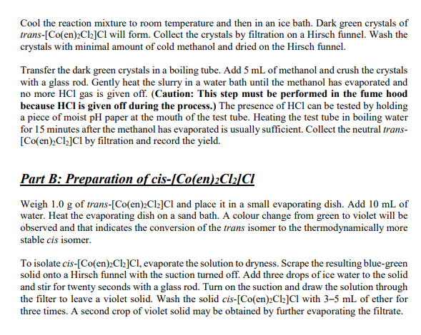 Solved Part A: Preparation of trans-/Co(en)2Cl2]CI Remember | Chegg.com