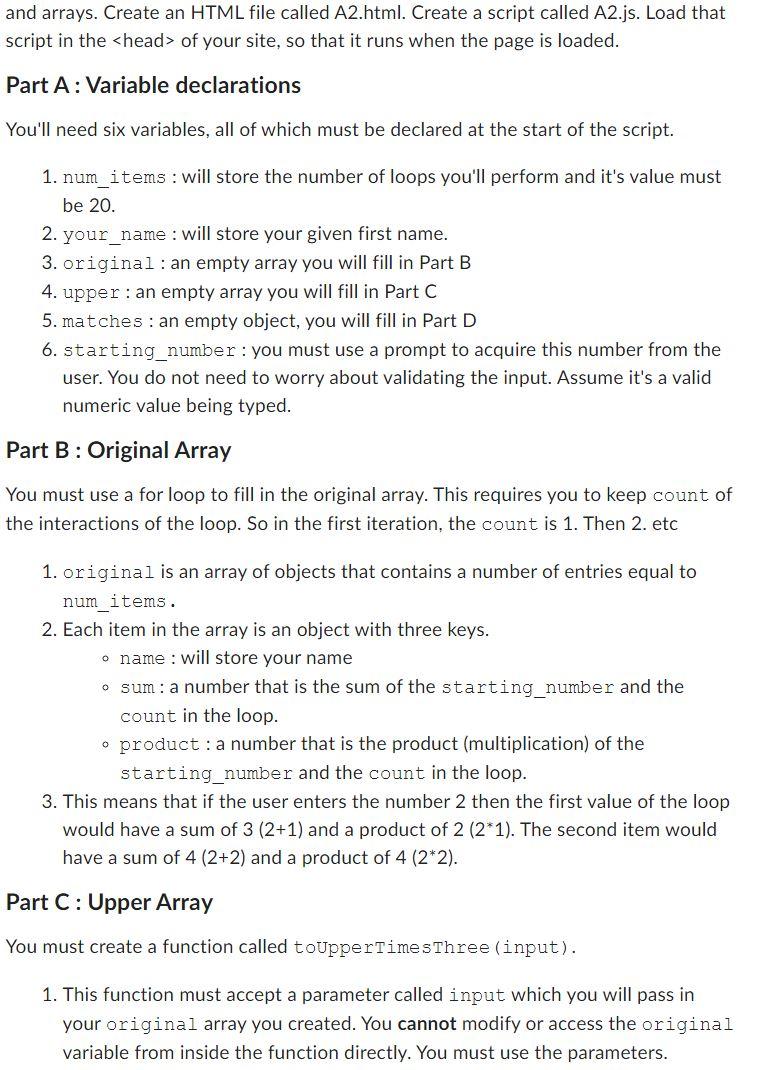 Solved and arrays. Create an HTML file called A2.html. | Chegg.com