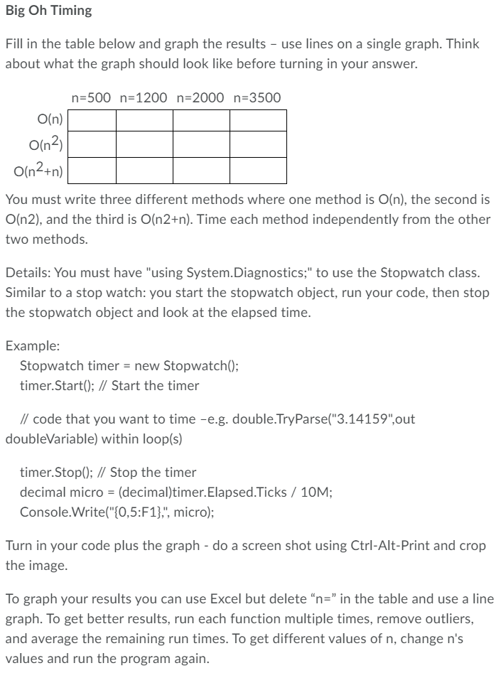 Solved Big Oh Timing Fill in the table below and graph the | Chegg.com