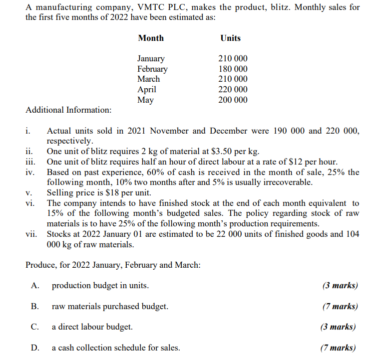 A manufacturing company, VMTC PLC, makes the product, | Chegg.com