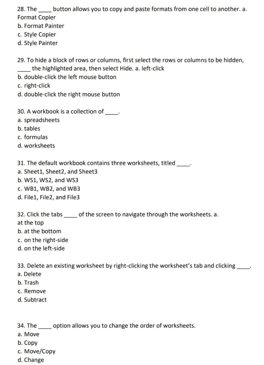 Solved 28. The button allows you to copy and paste formats | Chegg.com