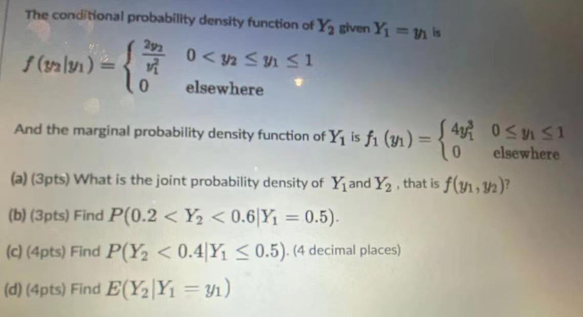 Solved The conditional probability density function of Y2 | Chegg.com
