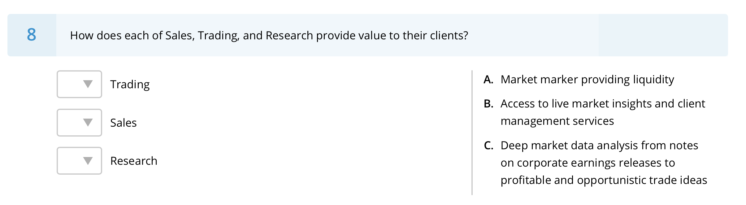 Solved 8 How does each of Sales, Trading, and Research | Chegg.com