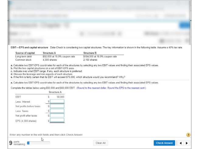 Solved EBIT-EPS and capital structure Data-Check is | Chegg.com