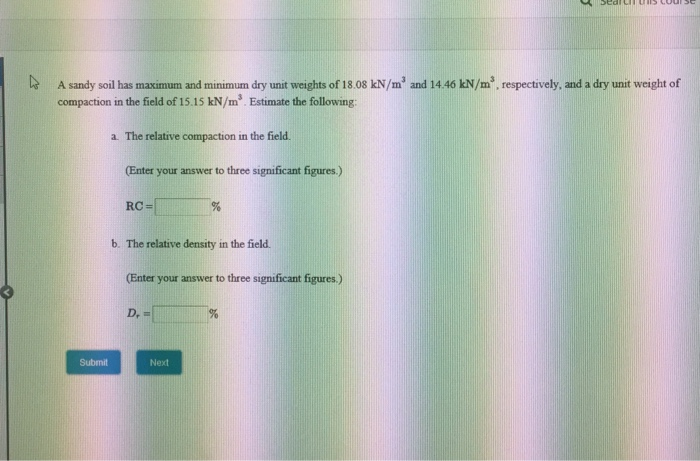 Solved A sandy soil has maximum and minimum dry unit weights | Chegg.com