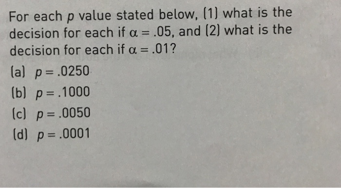 Solved For each p value stated below, (1) what is the | Chegg.com