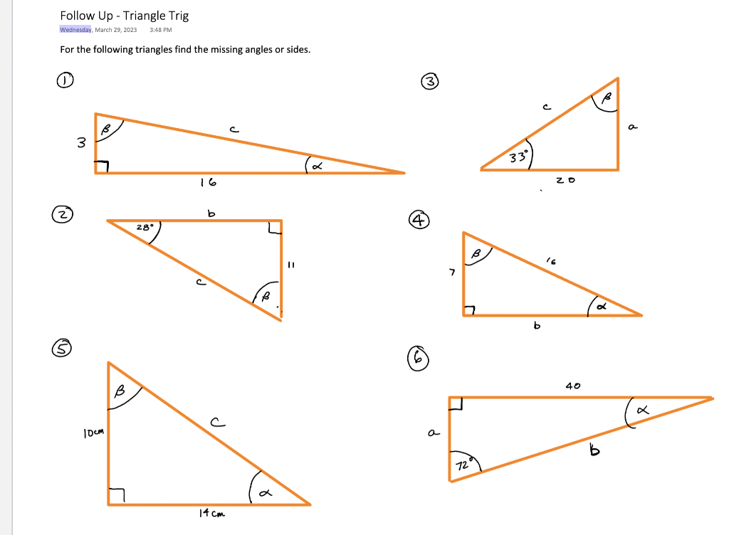 Solved Follow Up - Triangle Trig Wednesday, March 29, | Chegg.com