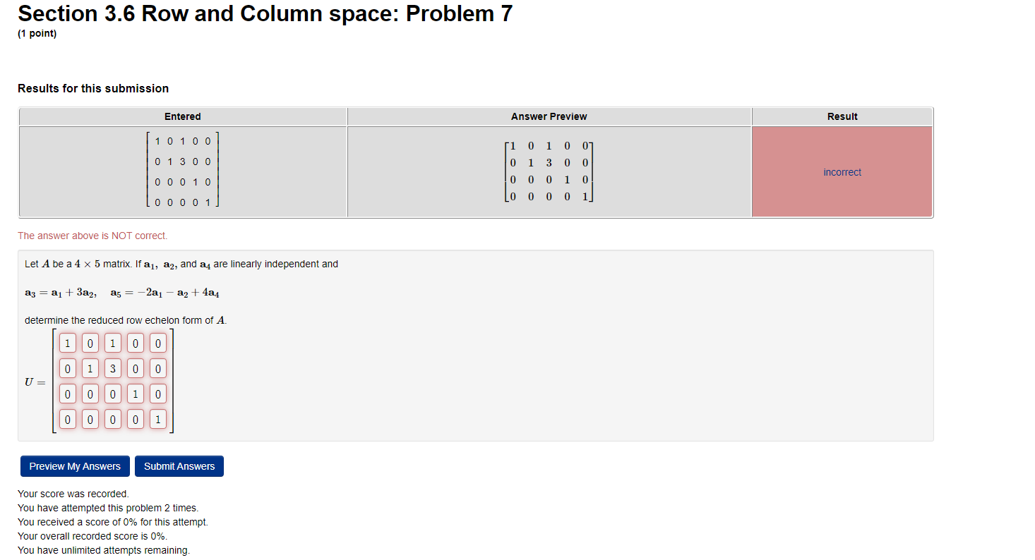 Solved Section 3.6 Row and Column space: Problem 7 (1 point) | Chegg.com