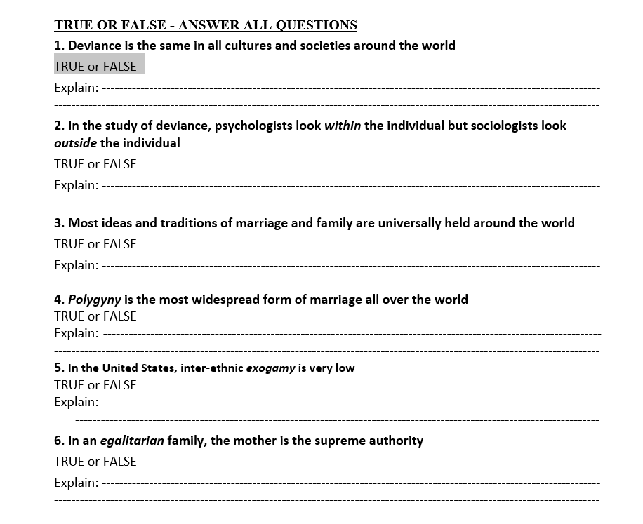 TRUE OR FALSE - ANSWER ALL QUESTIONS 1. Deviance is | Chegg.com