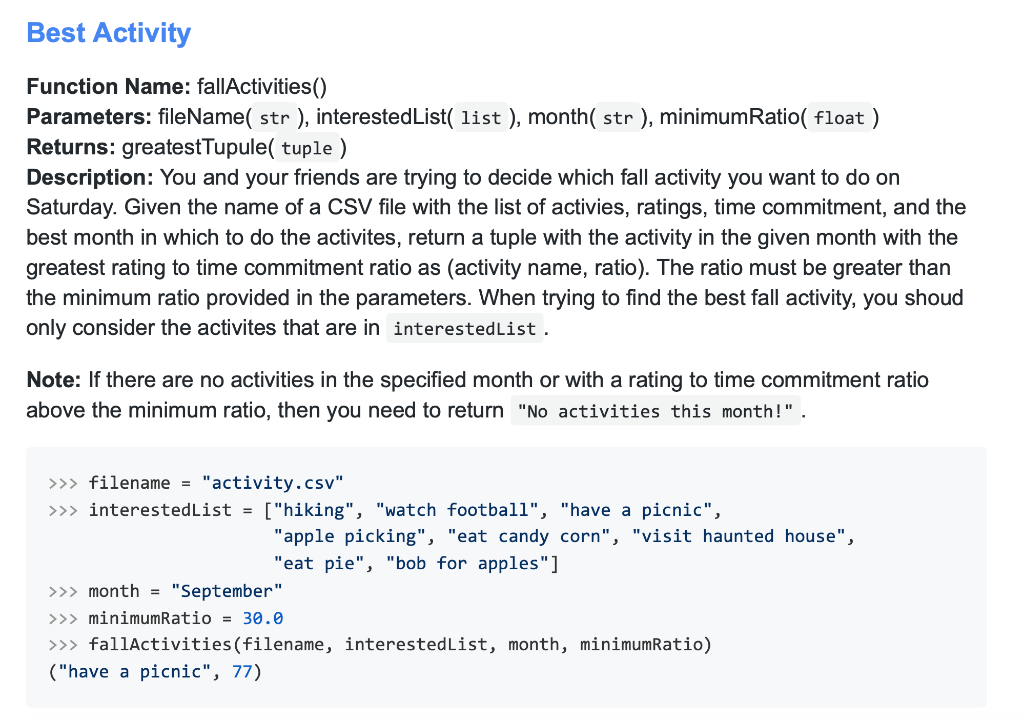 Solved Function Name: fallActivities() Parameters: fileName( | Chegg.com