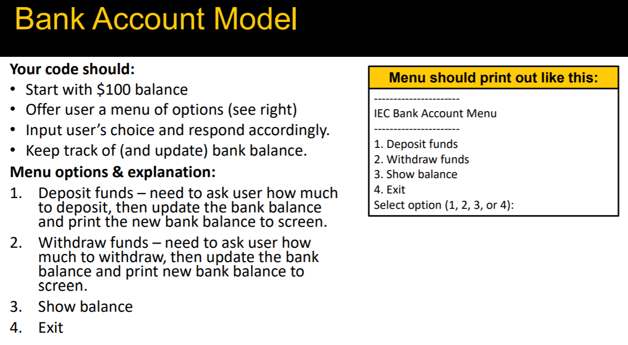 Solved Bank Account model Write a menu-based program to | Chegg.com