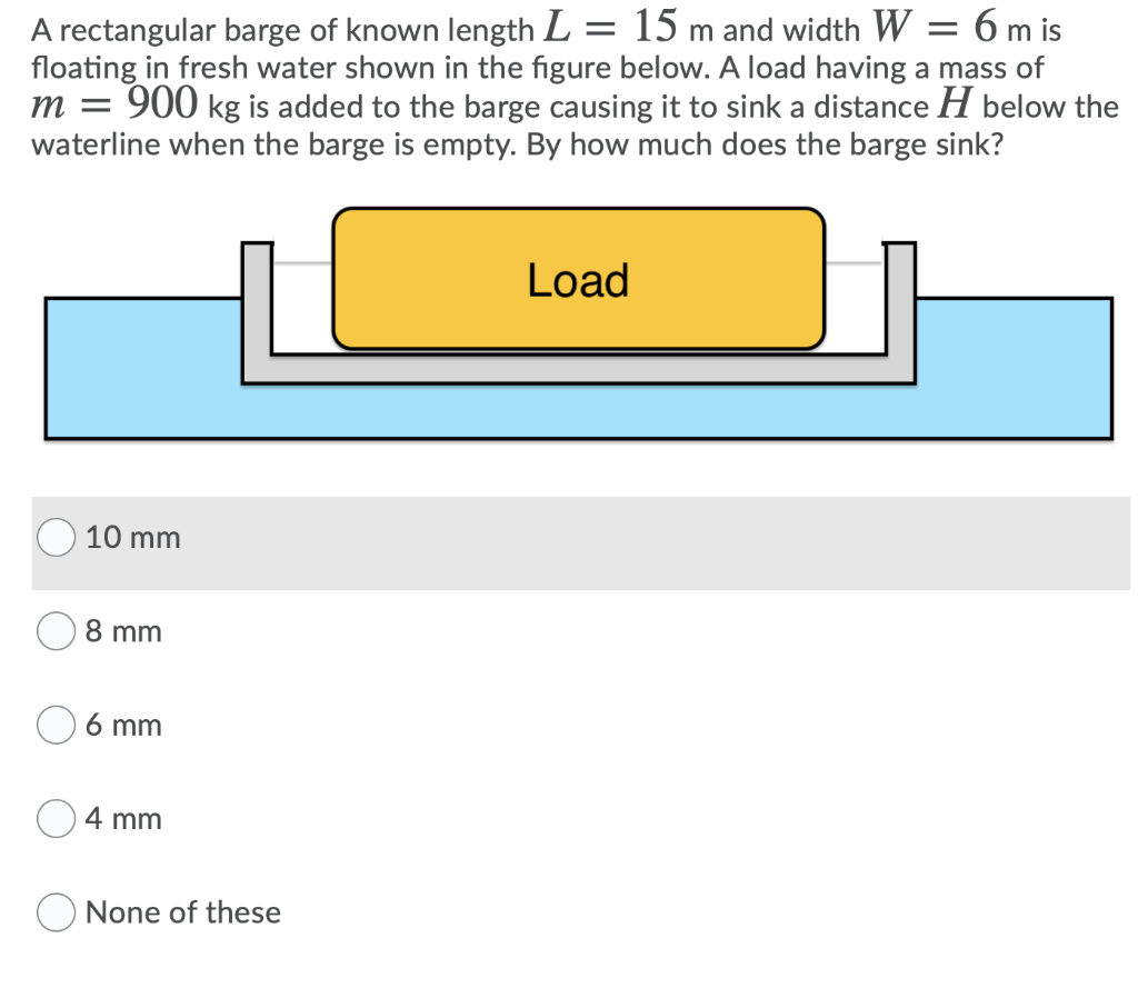 Solved A rectangular barge of known length L = 15 m and | Chegg.com