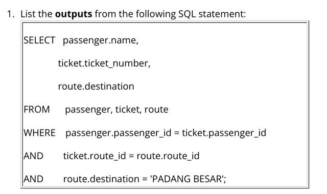 Solved 1. List the outputs from the following SQL statement: | Chegg.com