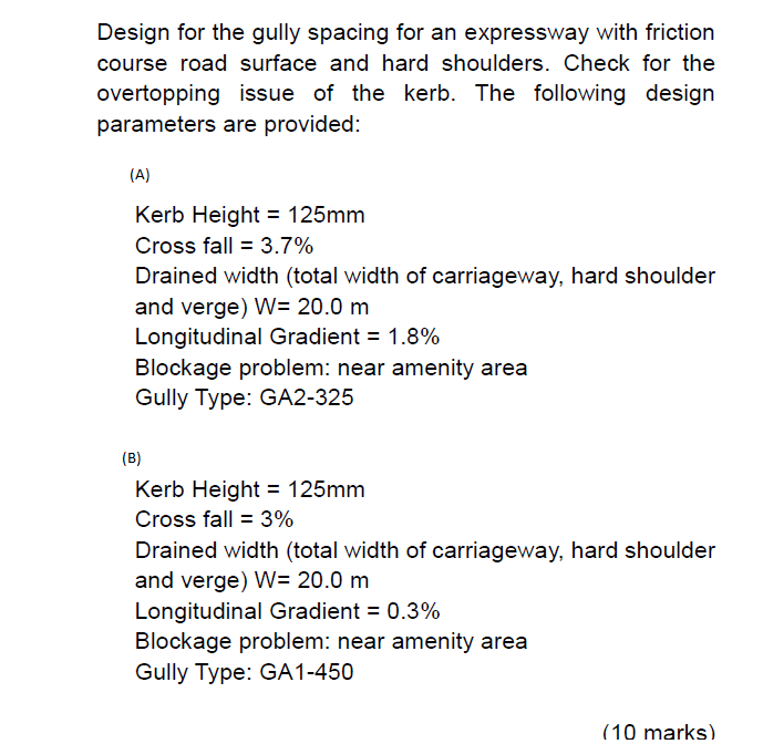 Solved Design for the gully spacing for an expressway with | Chegg.com