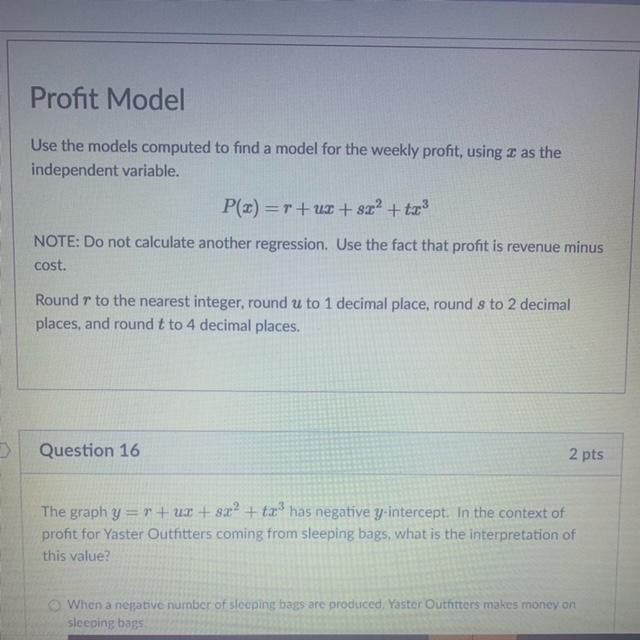Solved Profit Model Use the models computed to find a model | Chegg.com