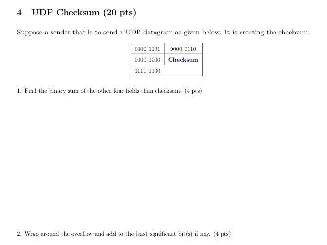 Solved 4 UDP Checksum (20 pts) Suppose a sender that is to | Chegg.com