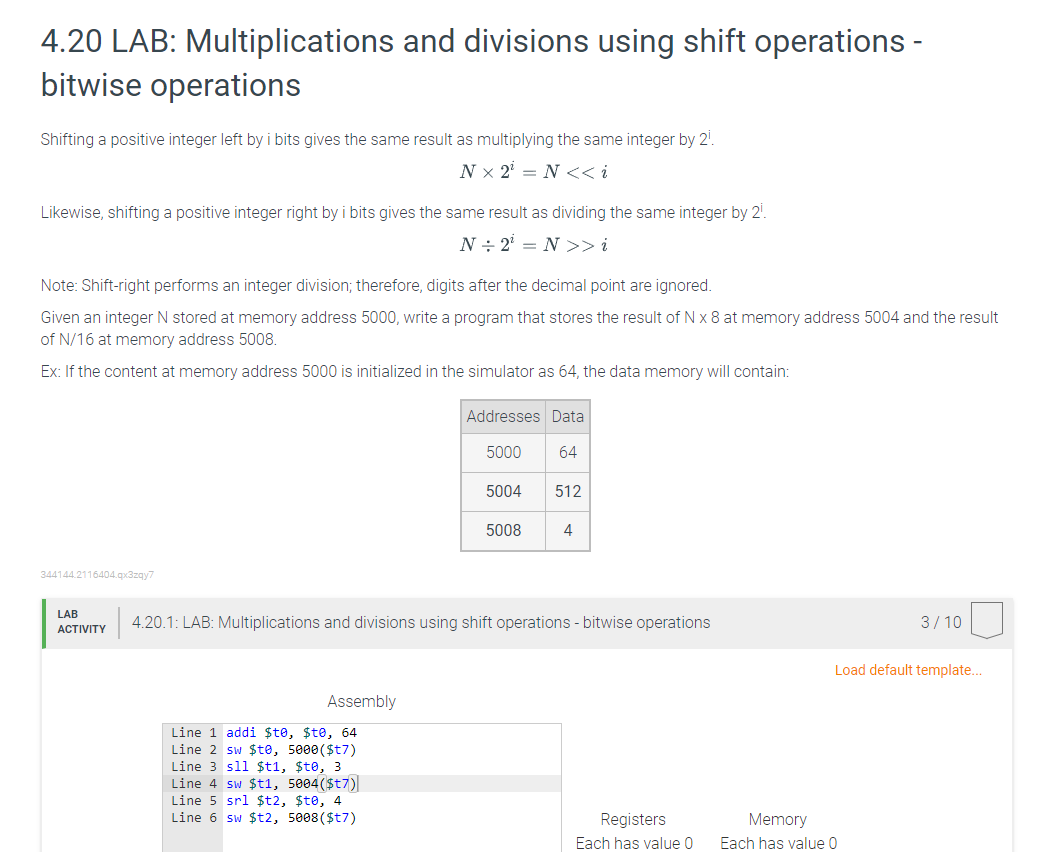4.20 LAB: Multiplications and divisions using shift | Chegg.com