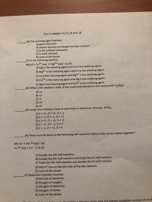 Solved Test 4 chapter 14,15,16 and 18 26) The reducing agent | Chegg.com