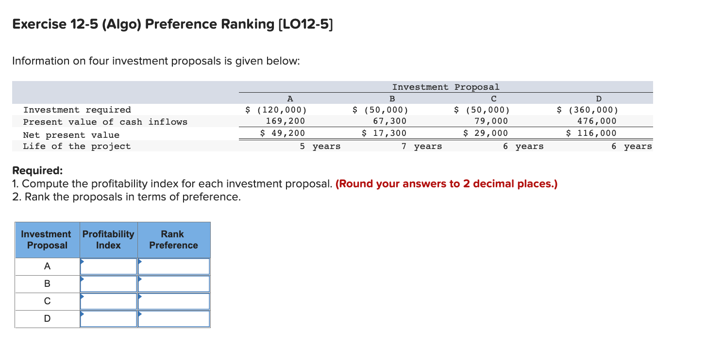Solved Exercise 12-5 (Algo) Preference Ranking (LO12-5) | Chegg.com