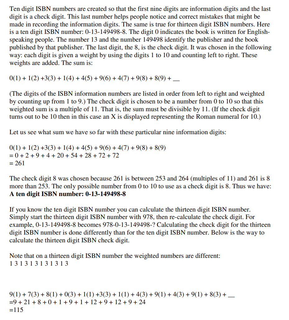 Solved Ten digit ISBN numbers are created so that the first | Chegg.com