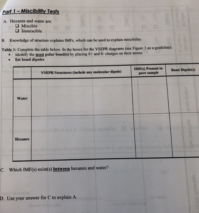 Solved Part 1- Miscibility Tests Hexanes and water are: | Chegg.com