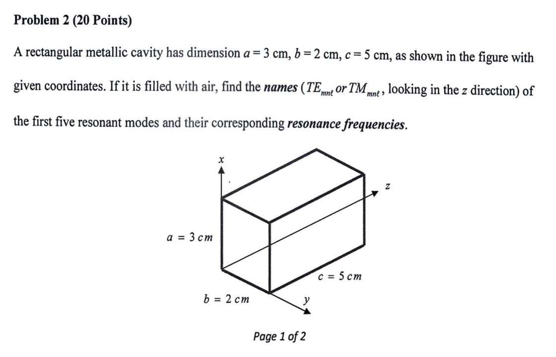 Solved A rectangular metallic cavity has dimension a=3 | Chegg.com