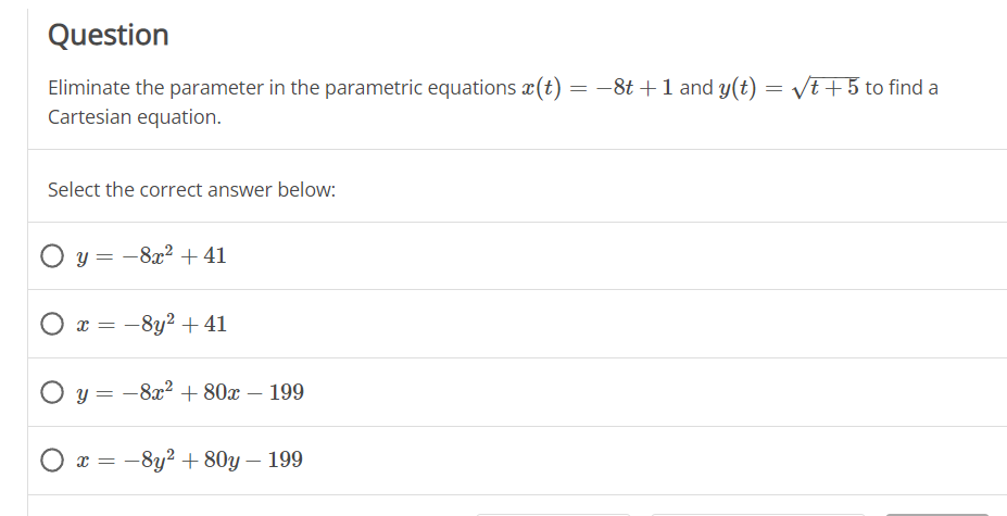 Solved Question Eliminate the parameter in the parametric | Chegg.com