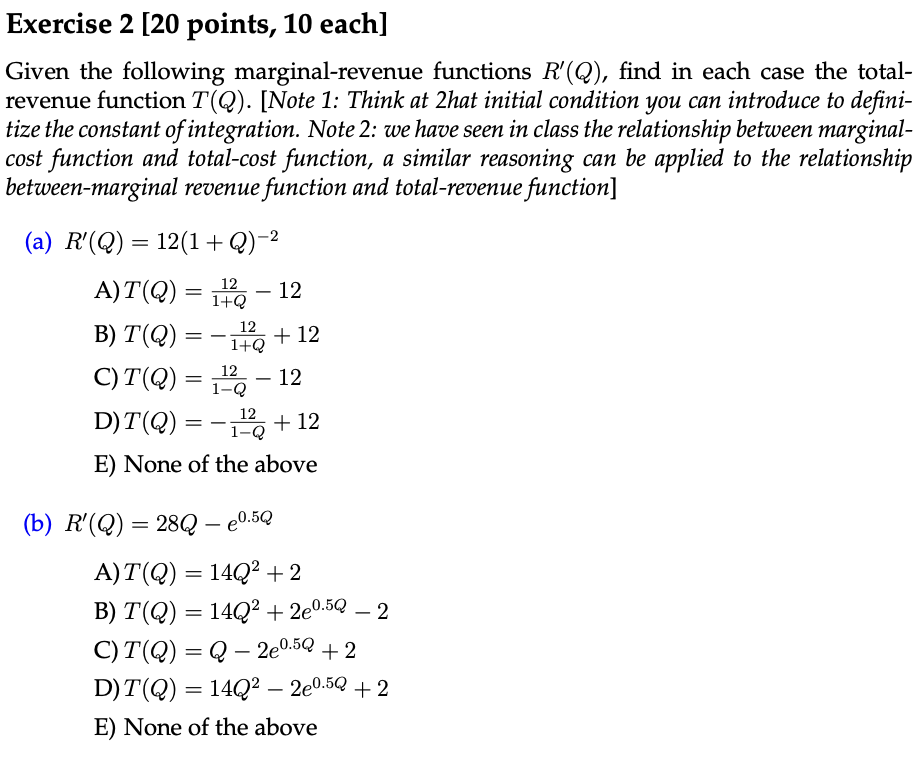 Solved Given The Following Marginal Revenue Functions R′q 